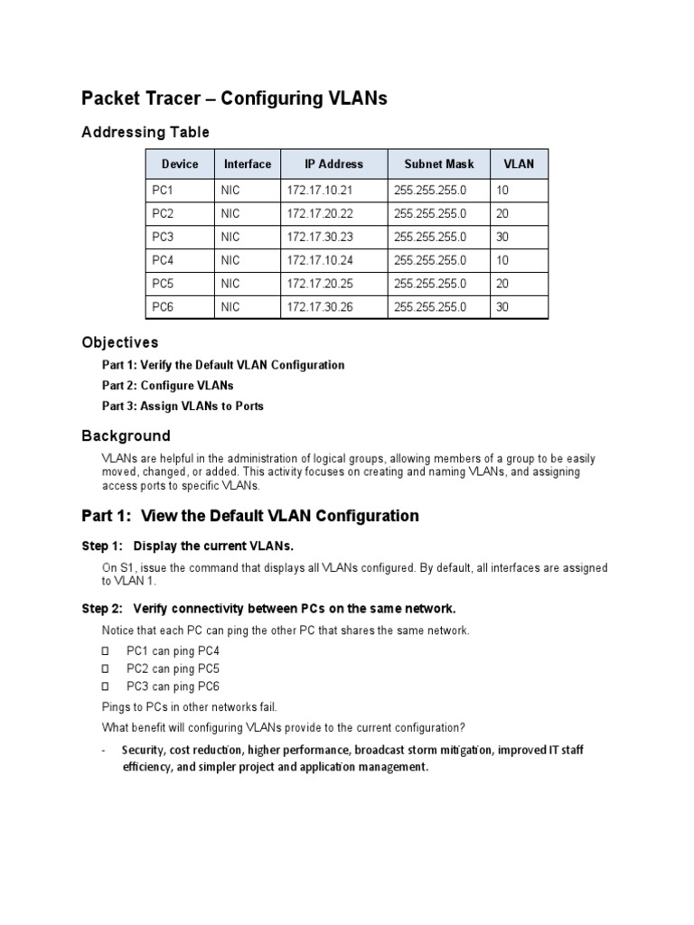 6.2.1.7 Packet Tracer - Configuring VLANs (1) My Answers | PDF | Network Interface Controller ...