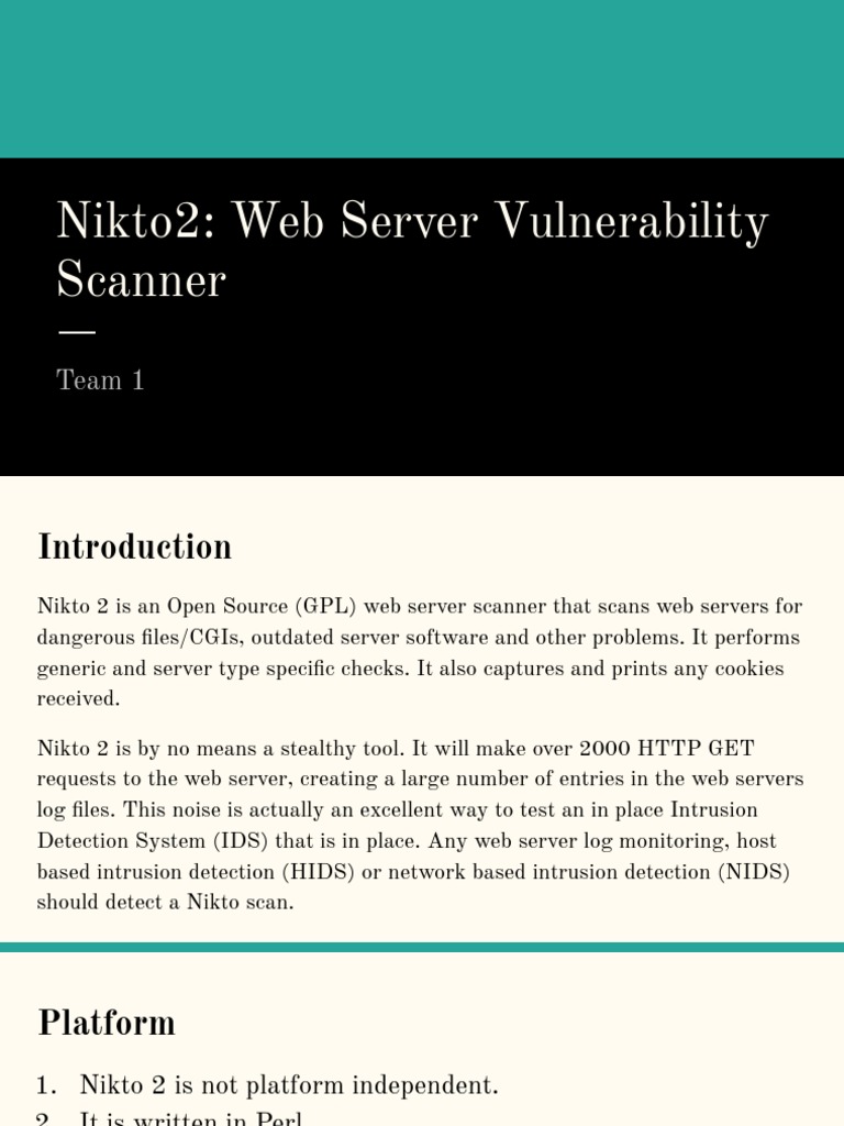 Nikto2: Web Server Vulnerability Scanner: Team 1 | PDF | World Wide Web ...
