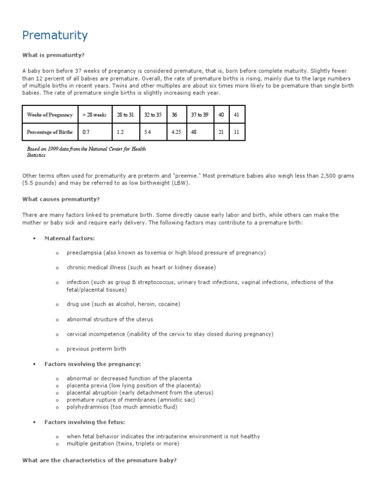 Prematurity: 28 Weeks 28 To 31 32 To 35 36 37 To 39 40 41 | PDF ...