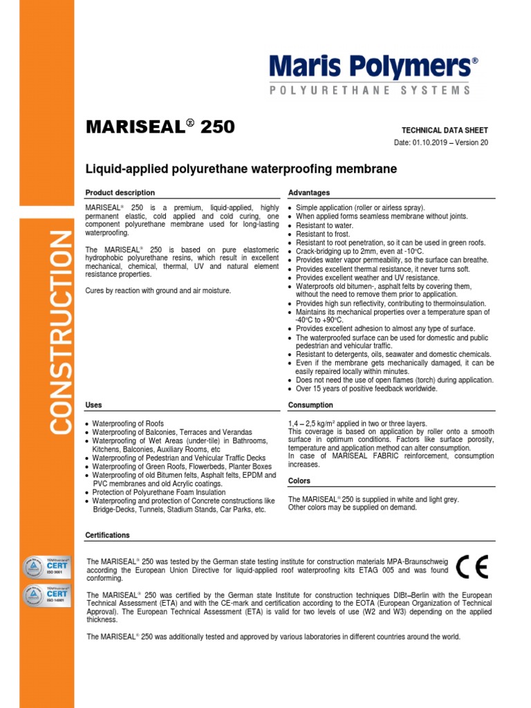 Mariseal 250: Liquid-Applied Polyurethane Waterproofing Membrane | PDF ...