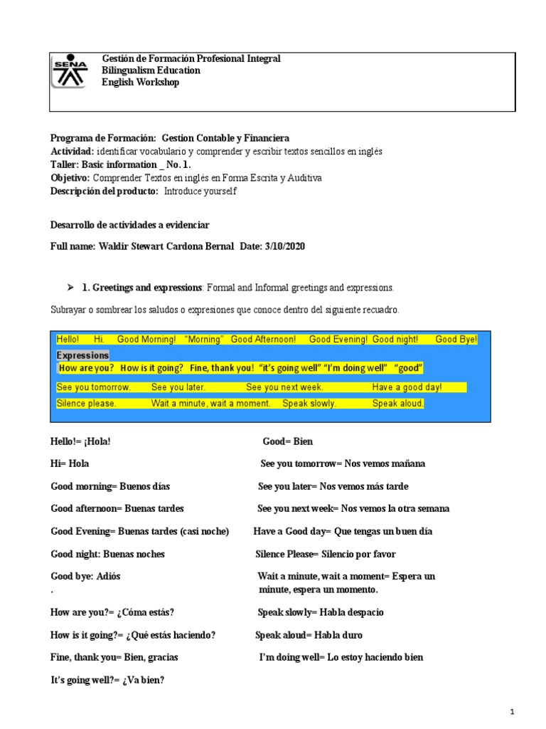 Workshop 1 - Introduce Yourself Waldir Cardona | PDF | Idiomas