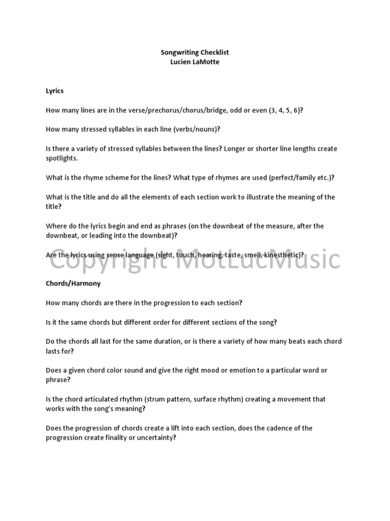 Songwriting Checklist for Lessons | PDF | Foreign Language Studies