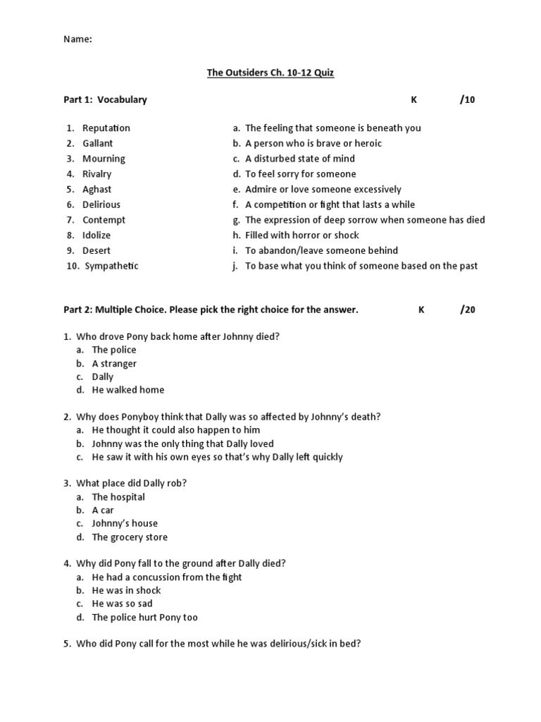 The Outsiders CH 10-12 Quiz | PDF