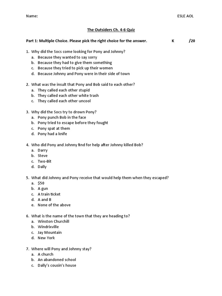 The Outsiders CH 4-6 Quiz | PDF