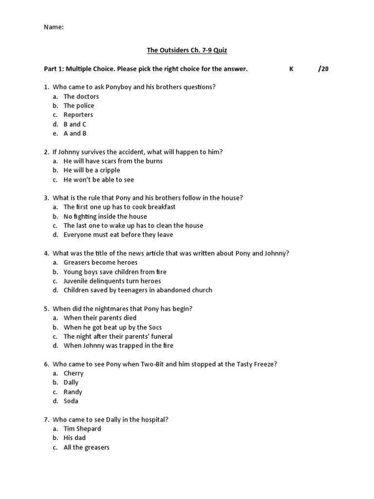 The Outsiders Chapter 7-9 Quiz | PDF | Art