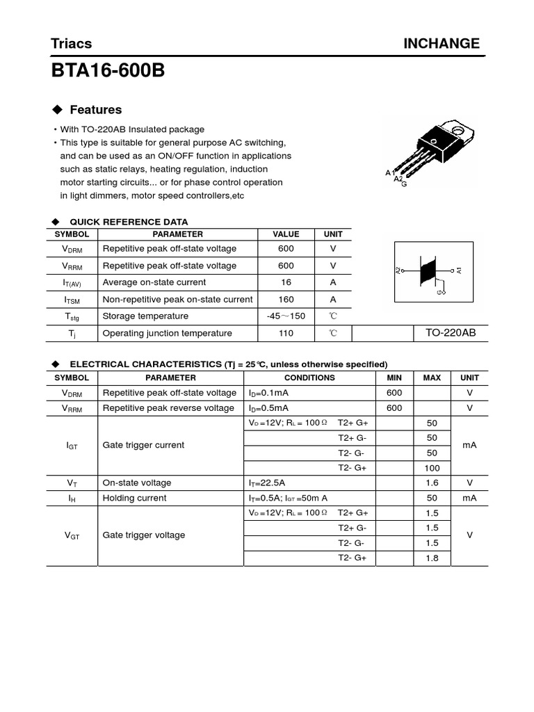 BTA16-600B Triac Datasheet Overview | PDF | Components | Physical ...