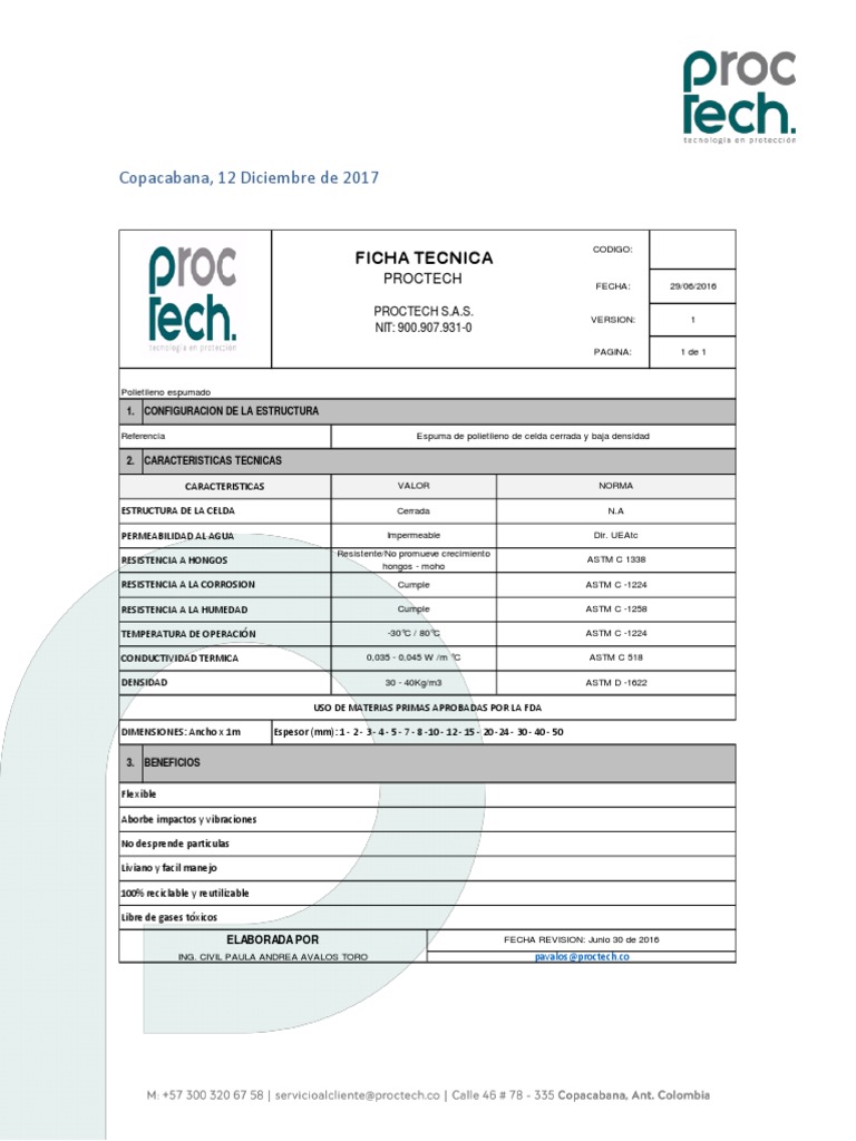 Ficha Tecnica Espuma 5MM Proctech - Polo | PDF | Ingeniería de Edificación | Química