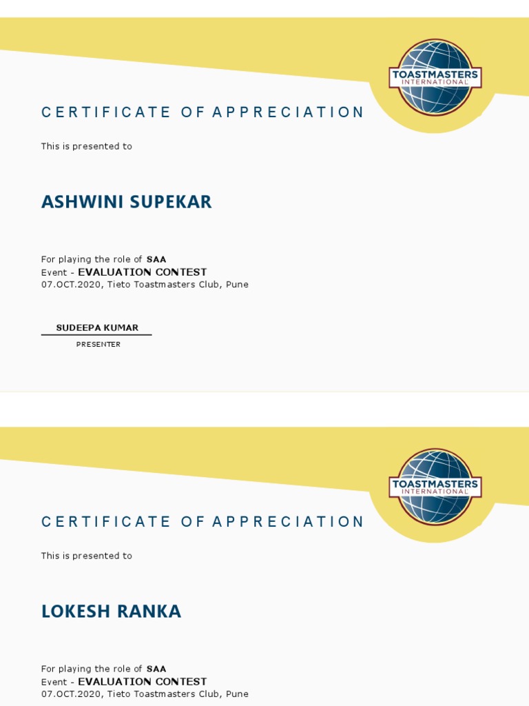 Toastmasters Certificate Of Appreciation Template