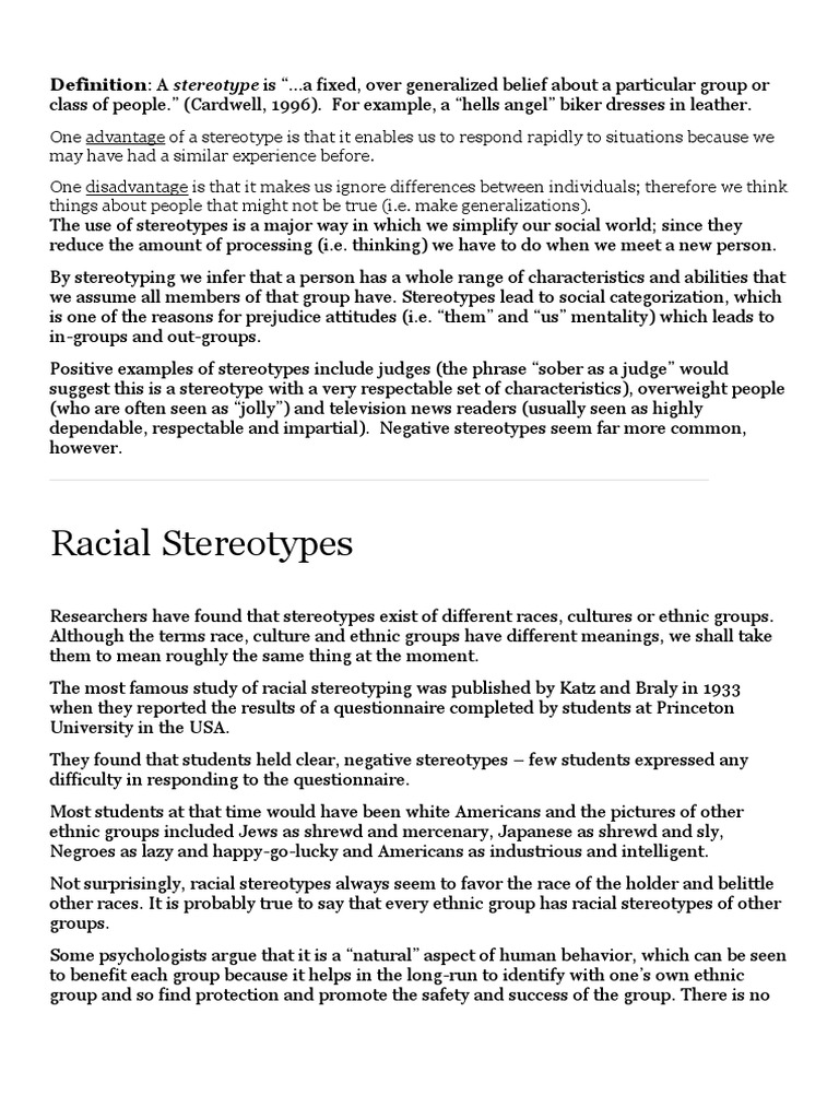Racial Stereotypes: Definition: A Stereotype Is "... A Fixed, Over ...