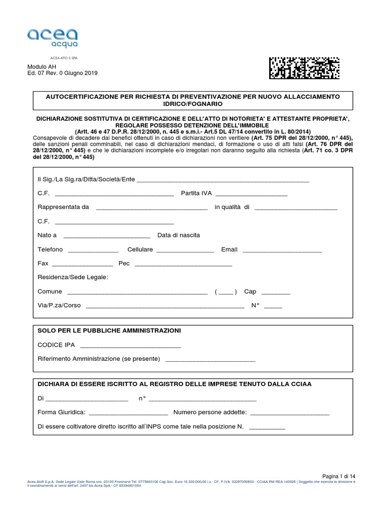 Modulo Autocertificazione Acea Ato 5 | PDF