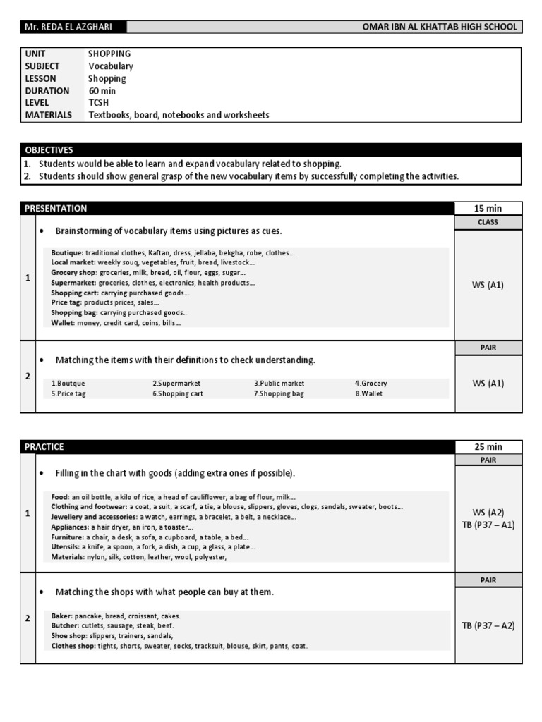 Lesson Plan / Unit3 - Vocabulary - Shopping | PDF | Grocery Store ...