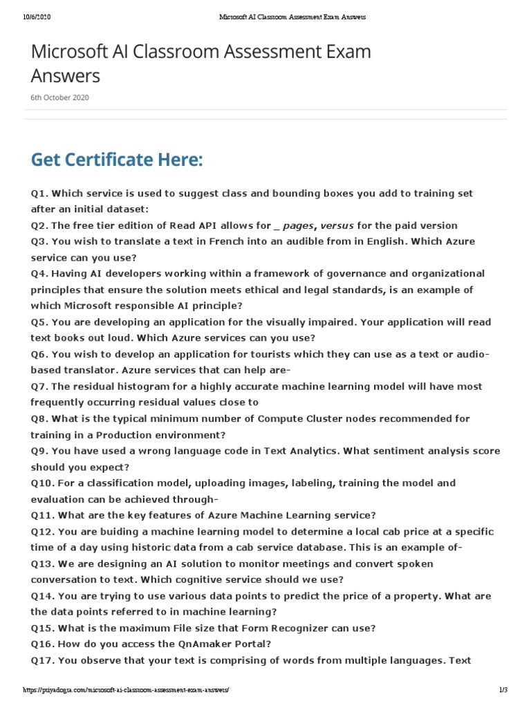 Microsoft AI Classroom Assessment Exam Answers PDF | PDF
