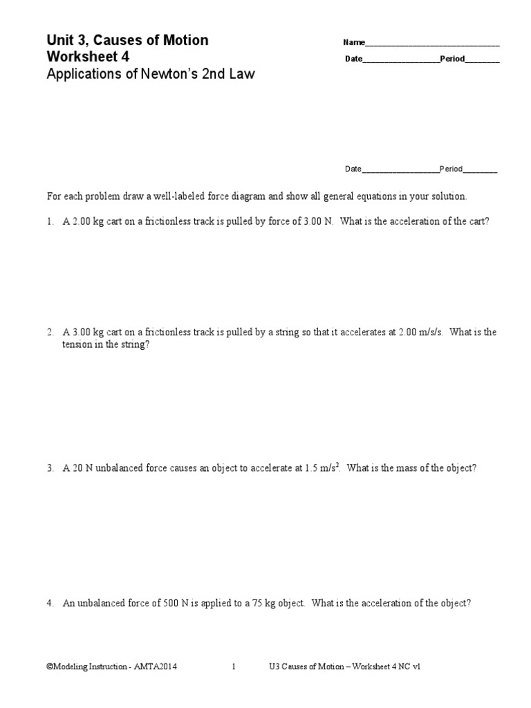 Applications of Newton's 2nd Law: Unit 3, Causes of Motion Worksheet 4 ...