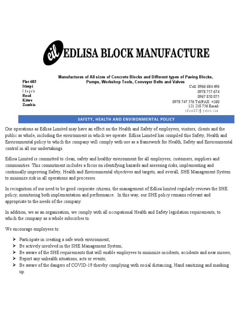 SHE Policy-Edlisa Limted | PDF | Occupational Safety And Health | Safety