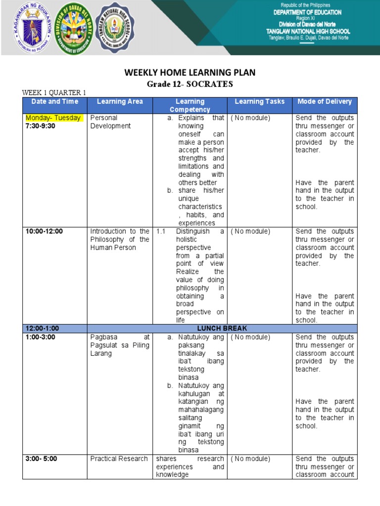 WEEKLY HOME LEARNING PLAN (Esp 8) | PDF | Epistemology | Psychology
