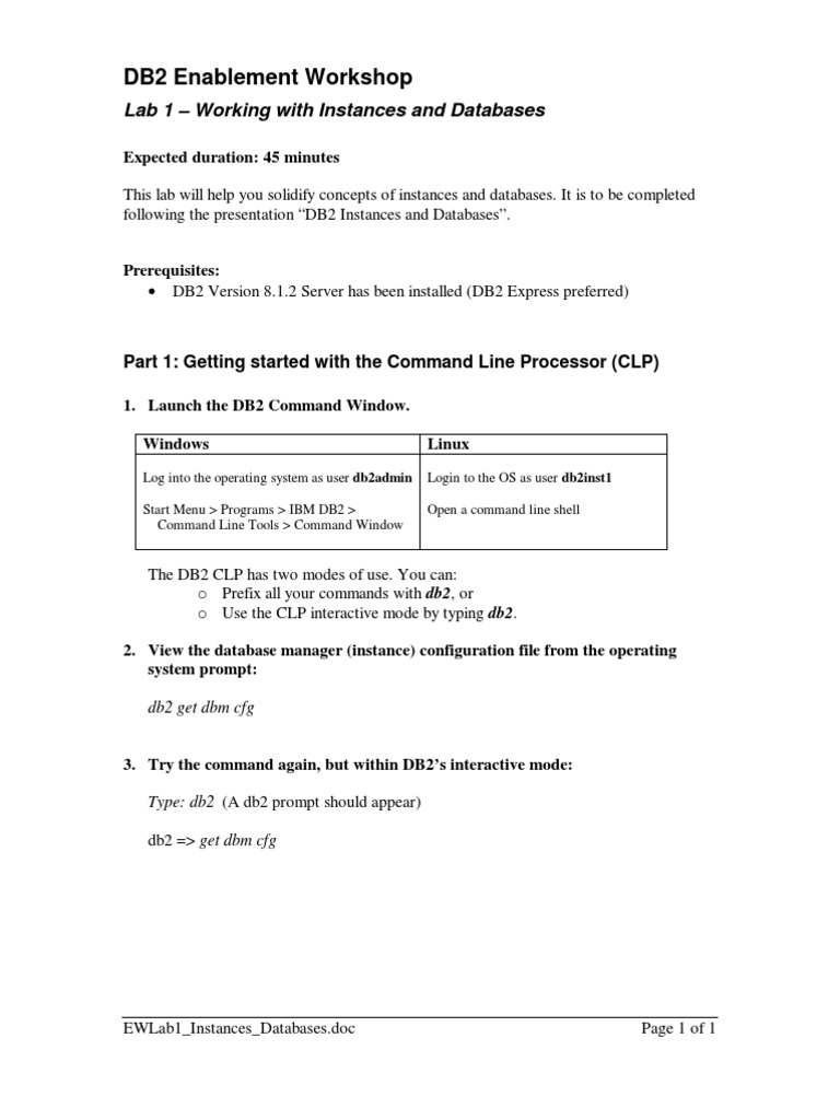 DB2 Enablement Workshop: Lab 1 - Working With Instances and Databases | PDF | Ibm Db2 | Databases