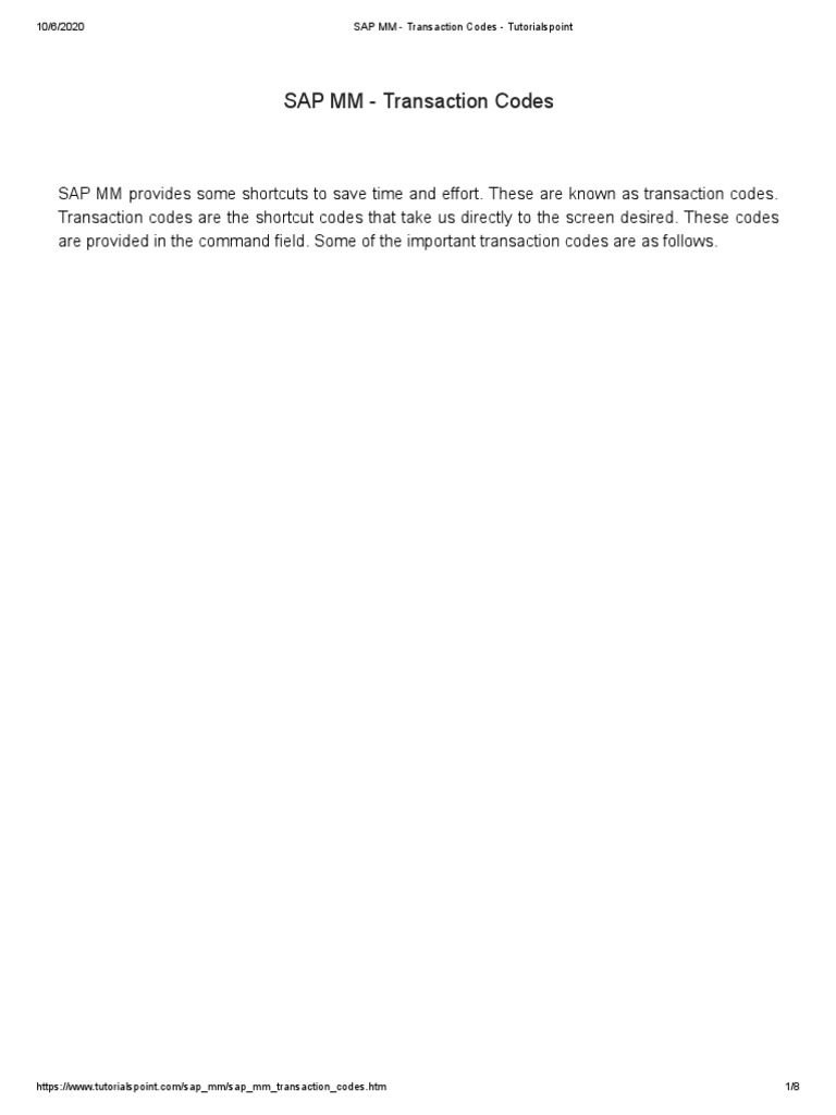 SAP MM - Transaction Codes - Tutorialspoint | PDF | Receipt | Invoice
