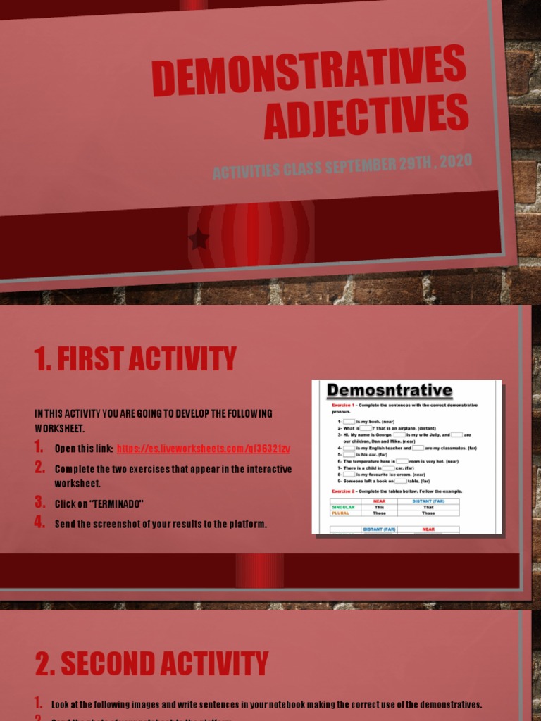 Demonstratives Adjectives: Activities Class September 29TH, 2020 | PDF