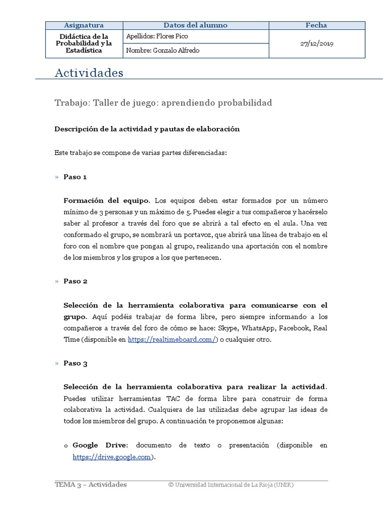 Taller de Juego, Aprendiendo Probabilidad | PDF | Educación primaria ...