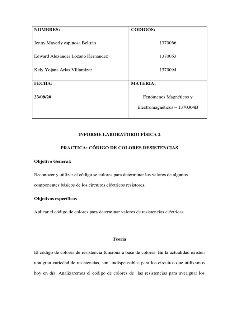 Informe de Lab. Codigo de Colores de Resistencias | PDF | Resistor | Equipo eléctrico