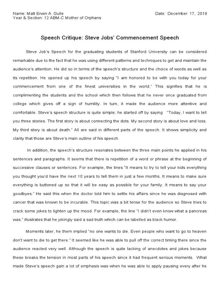 Speech Critique: Steve Jobs' Commencement Speech | PDF | Sentence ...