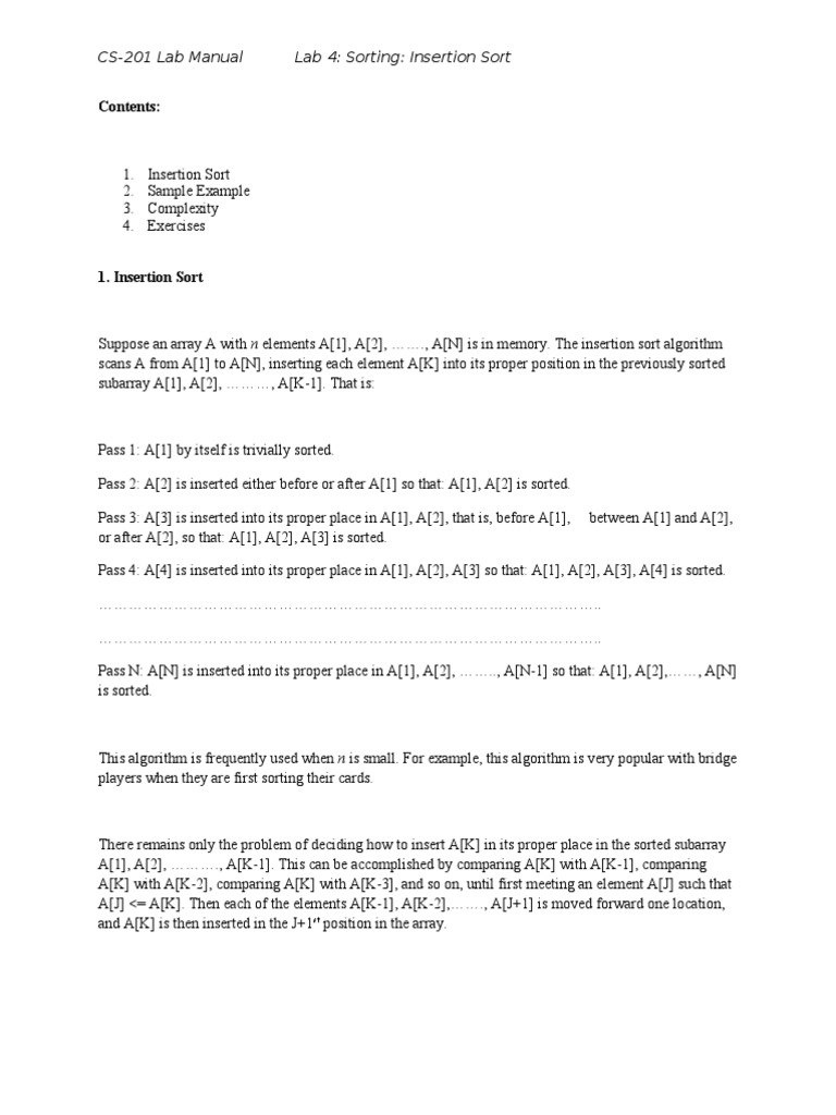 Contents:: CS-201 Lab Manual Lab 4: Sorting: Insertion Sort | PDF | Array Data Structure ...