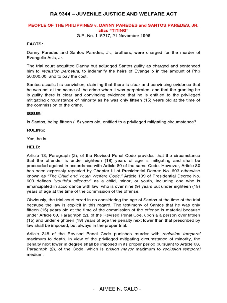Case Digest - RA 9344 - Juvenile Justice and Welfare Act | PDF ...