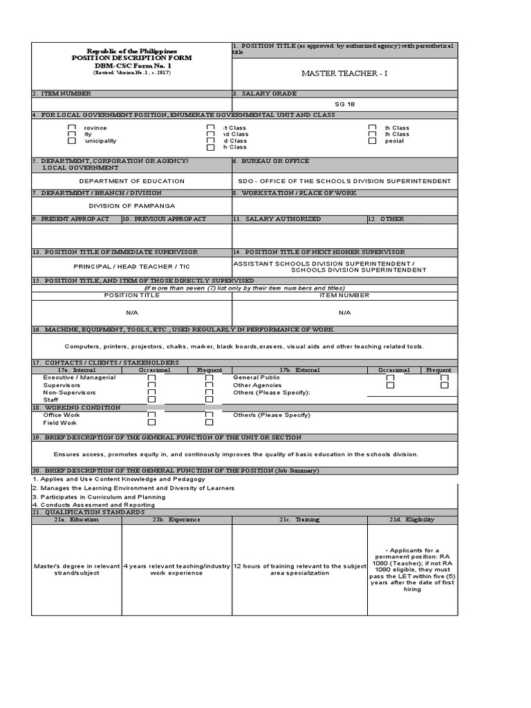 Master Teacher I Position Description Form | PDF | Differentiated ...
