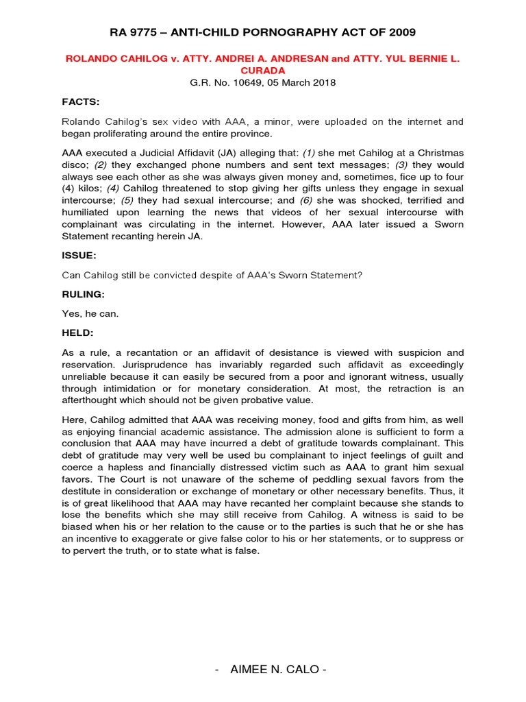 Case Digest - RA 9775 - Anti-Child Pornography Act of 2009 PDF | PDF ...