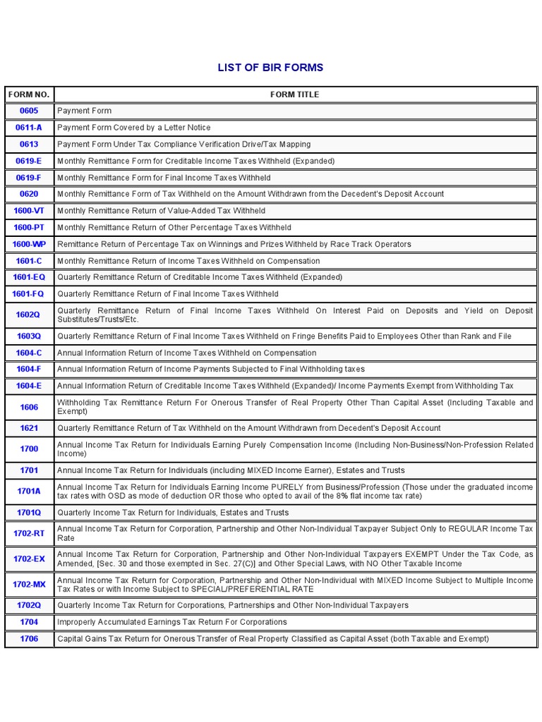 List of BIR FORMS | PDF | Withholding Tax | Taxation In The United States