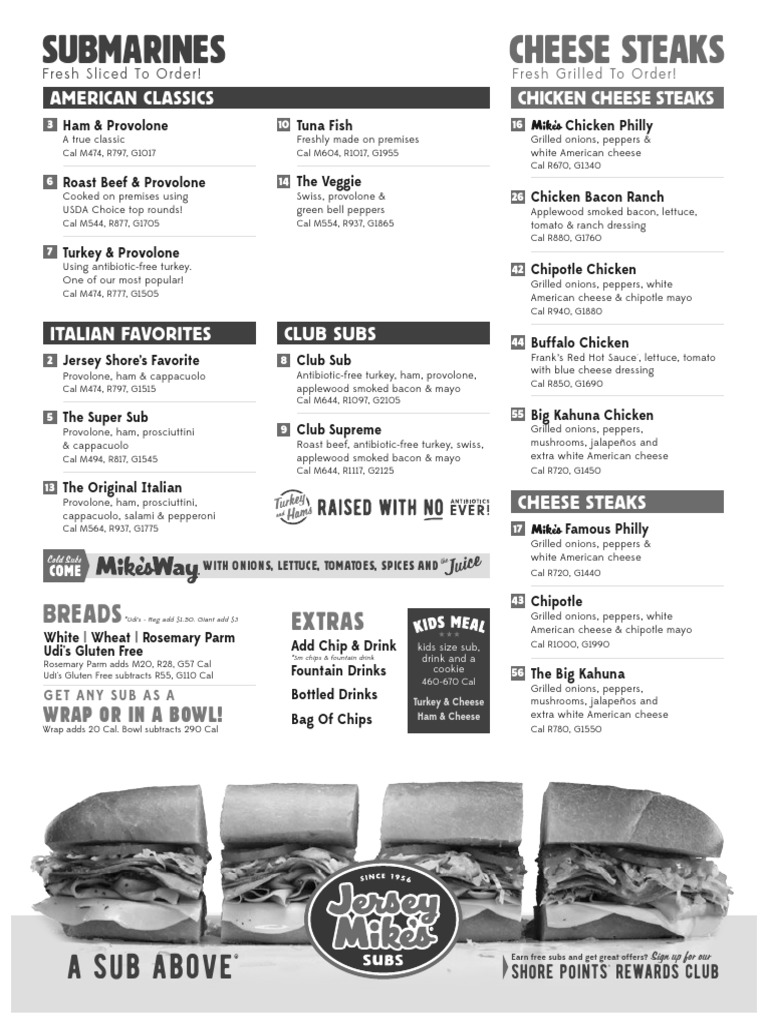 Menu for jersey mike's store