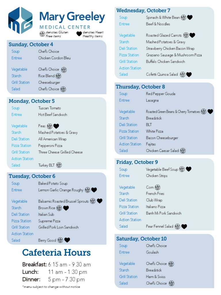 Cafeteria Hours: Wednesday, October 7 | Download Free PDF | Salad | Pizza