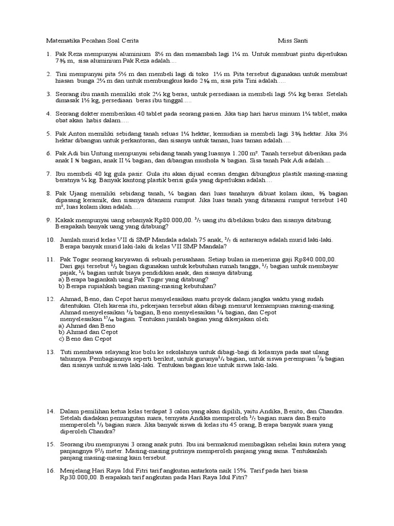 Matematika Pecahan Soal Cerita Miss Santi | PDF | Perjalanan