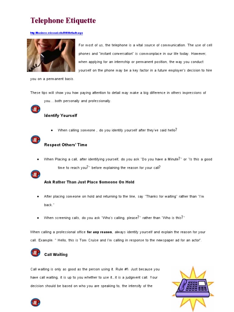 Telephone Etiquette: Identify Yourself | PDF | Semiotics | Human ...