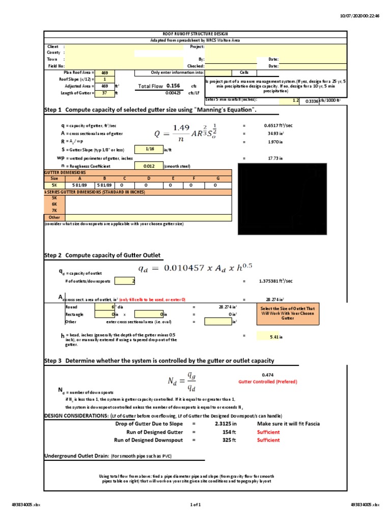 Step 1 Compute Capacity of Selected Gutter Size Using "Manning's ...