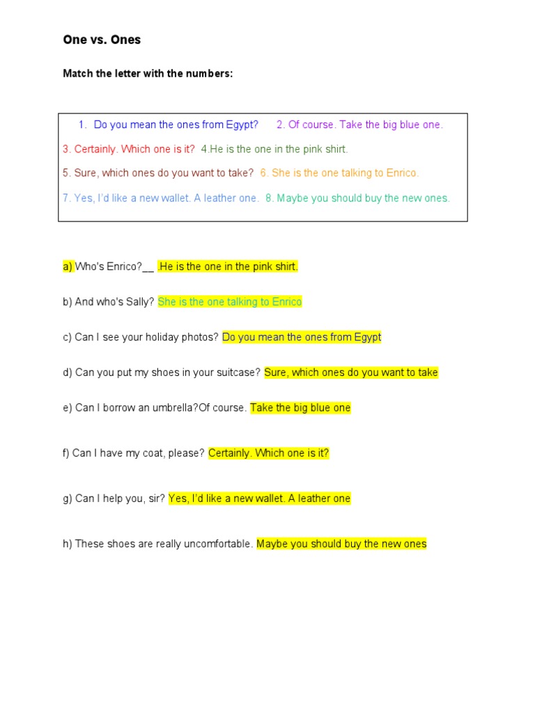 One vs. Ones Exercises | PDF