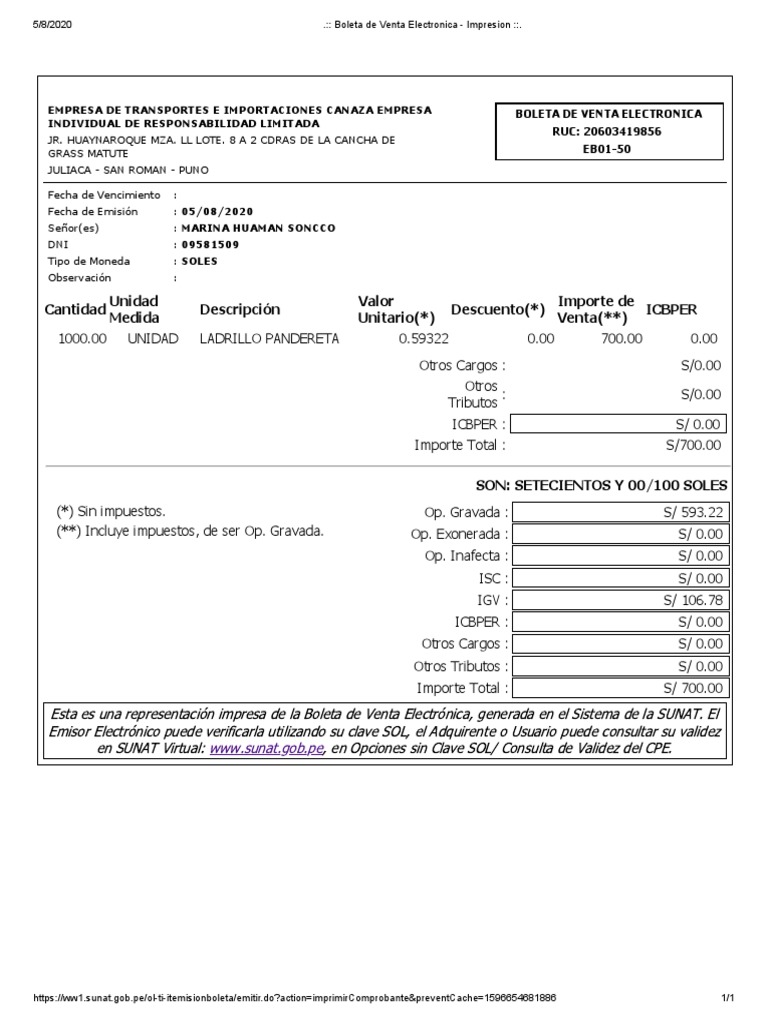 Boleta de Venta Electronica - Impresion | PDF | Business