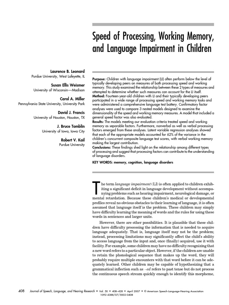 Speed of Processing, Working Memory, and Language Impairment in Children | PDF | Working Memory ...