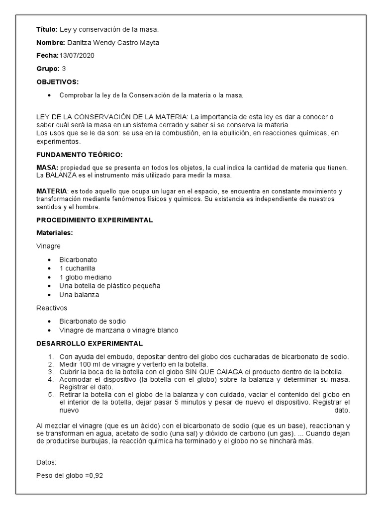 Ley y Conservacion de La Masa | PDF | Reacciones químicas | Importar
