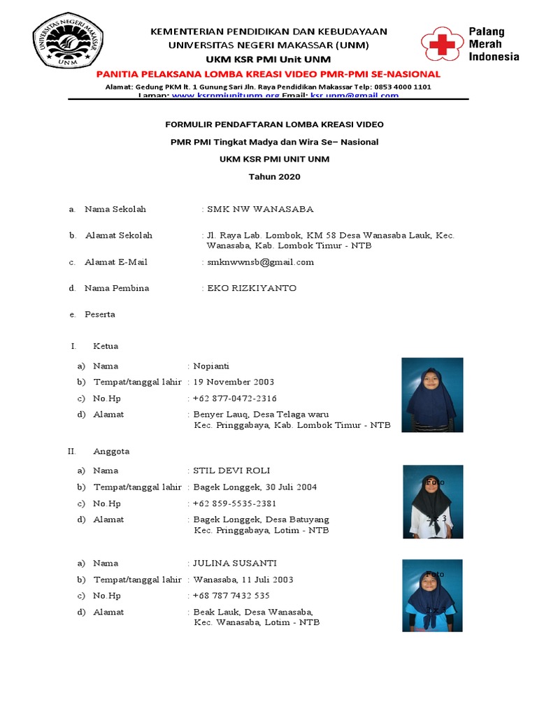 Contoh FORMULIR PENDAFTARAN LOMBA KREASI VIDEO PMR | PDF