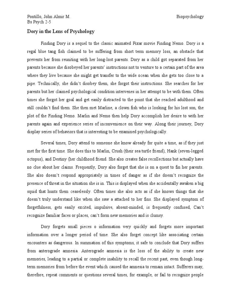 Dory's Psychology: Amnesia & ADHD | PDF | Amnesia | Nervous System