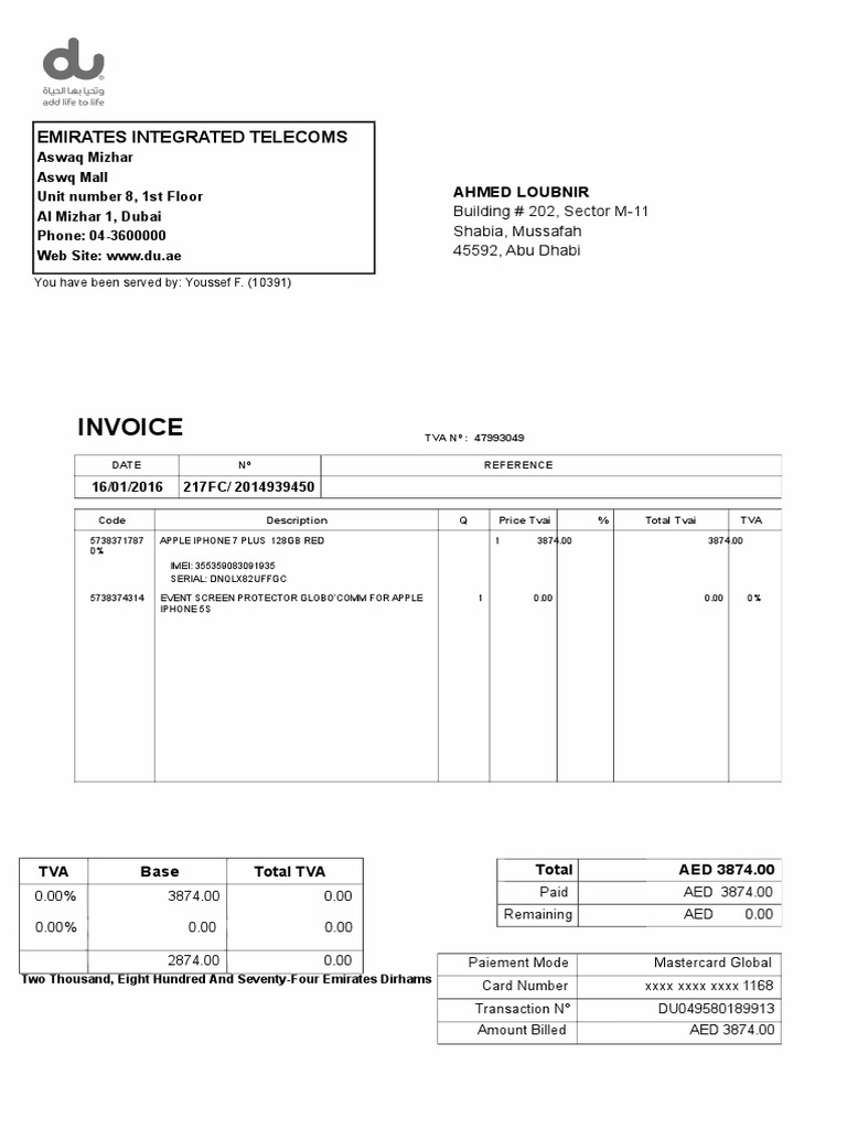 Invoice: Emirates Integrated Telecoms | PDF