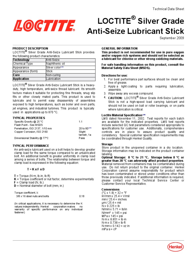 Loctite Corporation-30769 - 199012-TDS - VD | PDF | Lubricant | Screw