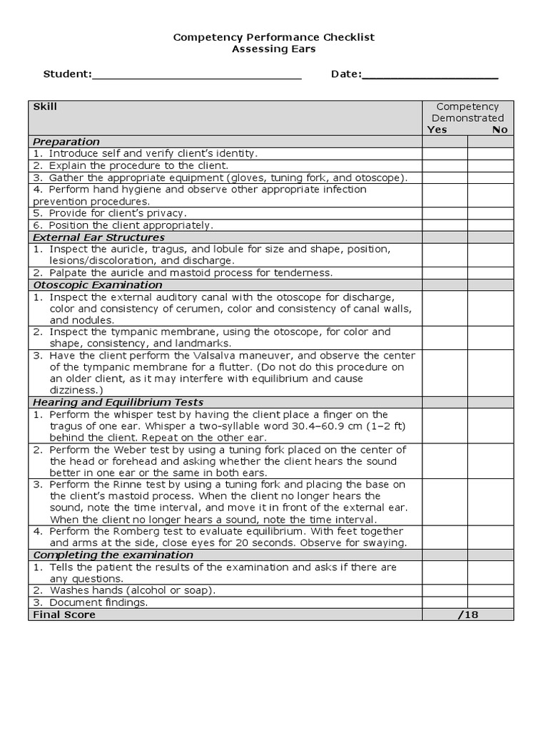 Preparation: Competency Performance Checklist Assessing Ears Student ...
