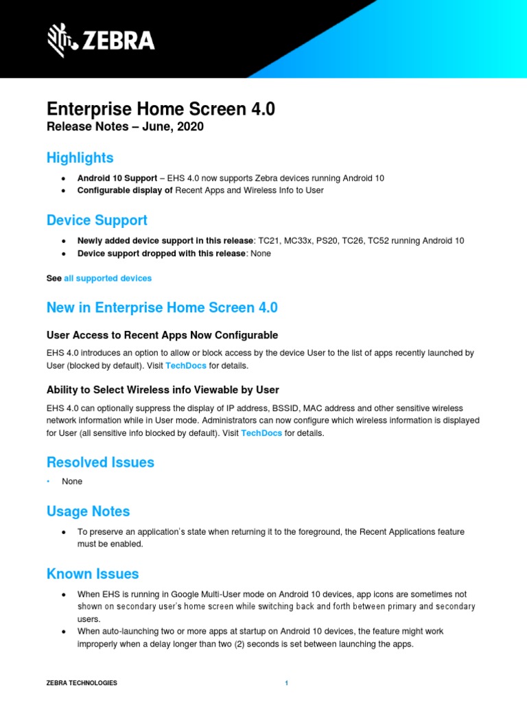 Release Notes Enterprise Home Screen 4.0 | PDF | Android (Operating ...