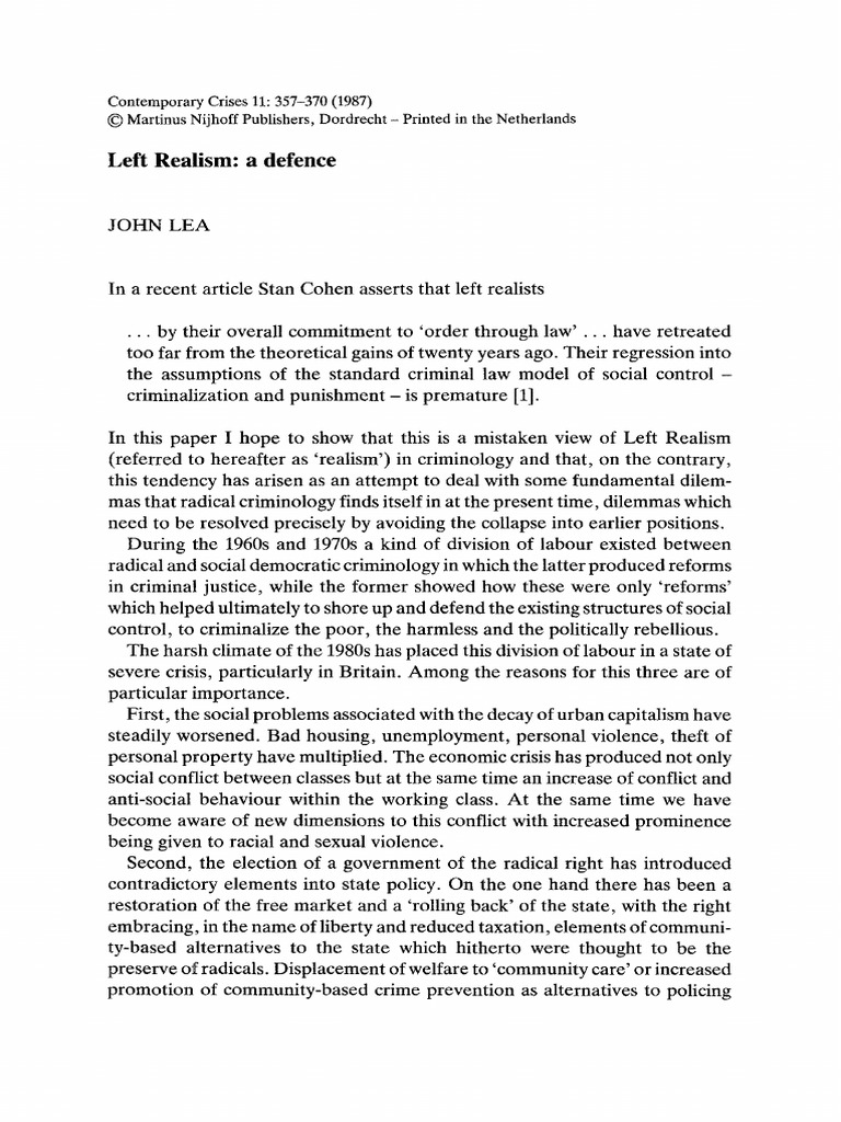 Left Realism A Defence | PDF | Criminology | Crime & Violence