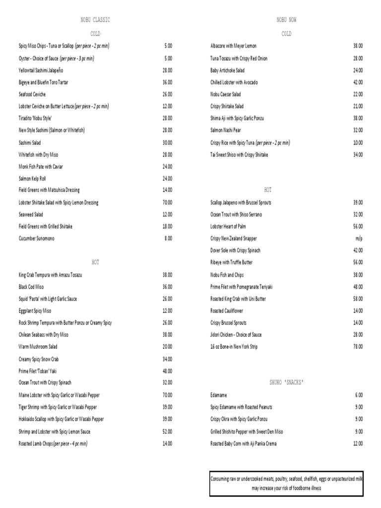 Nobu Newport Dinner Food Menu | PDF | Sushi | Salad