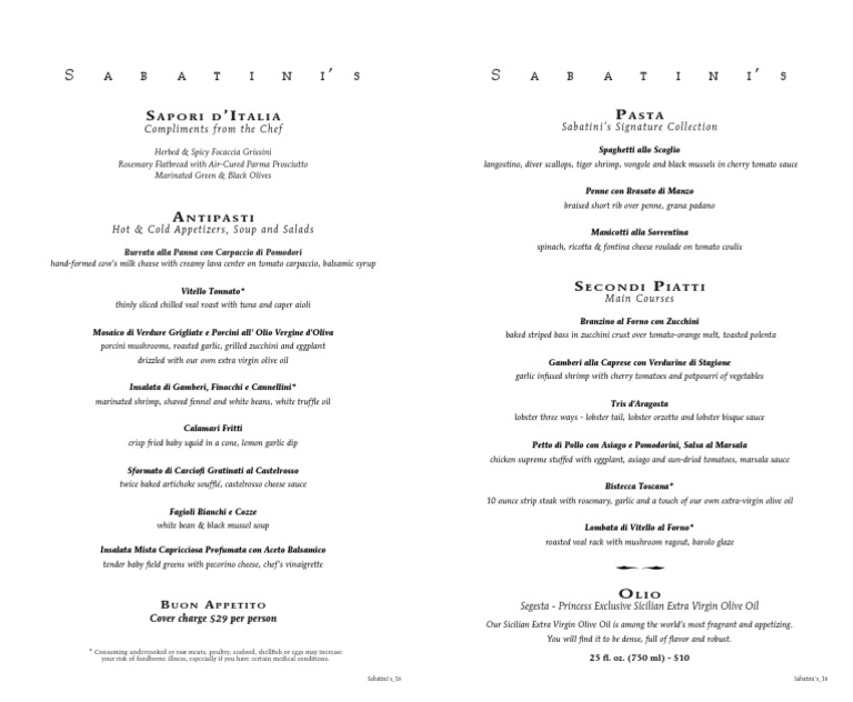 Sabatinis Menu Sample | PDF | Foods | Mediterranean Cuisine