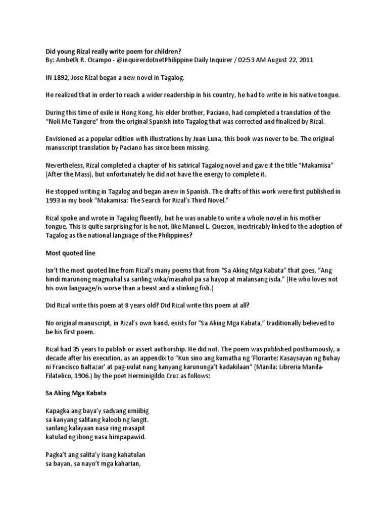 Did Young Rizal Really Write Poem For Children | PDF | Semiotics ...