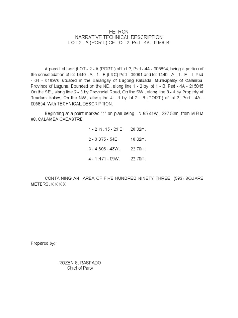 Petron Narrative Technical Description LOT 2 - A (PORT.) OF LOT 2, PSD ...